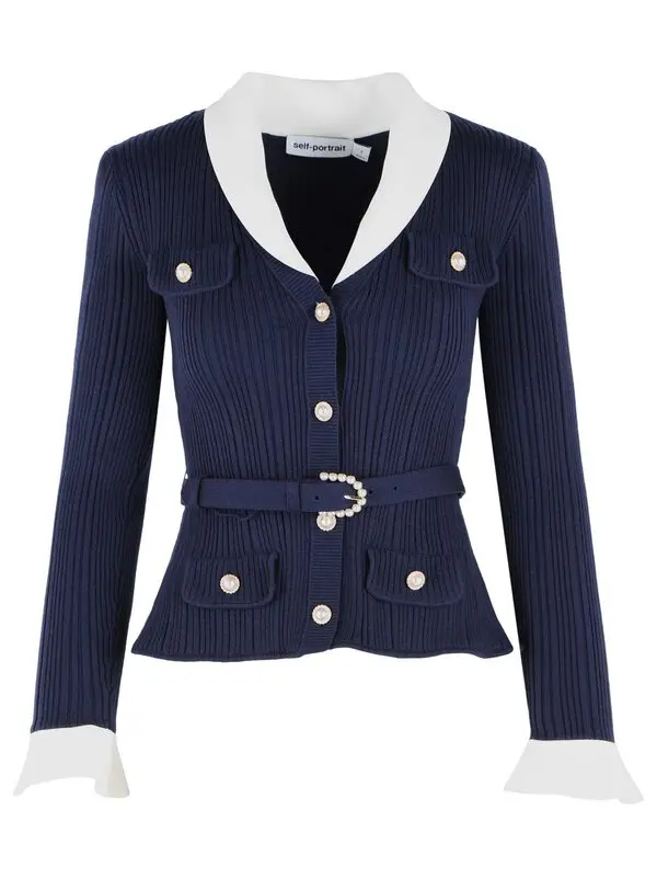 SELF-PORTRAIT Ribbed Cardigan - Blue