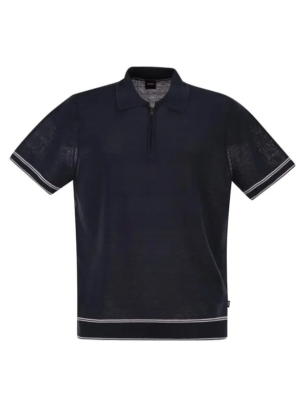 BOSS Linen And Viscose Polo Shirt With Zip And Contrast Trims - Blue