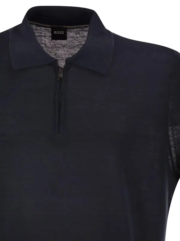BOSS Linen And Viscose Polo Shirt With Zip And Contrast Trims - Blue
