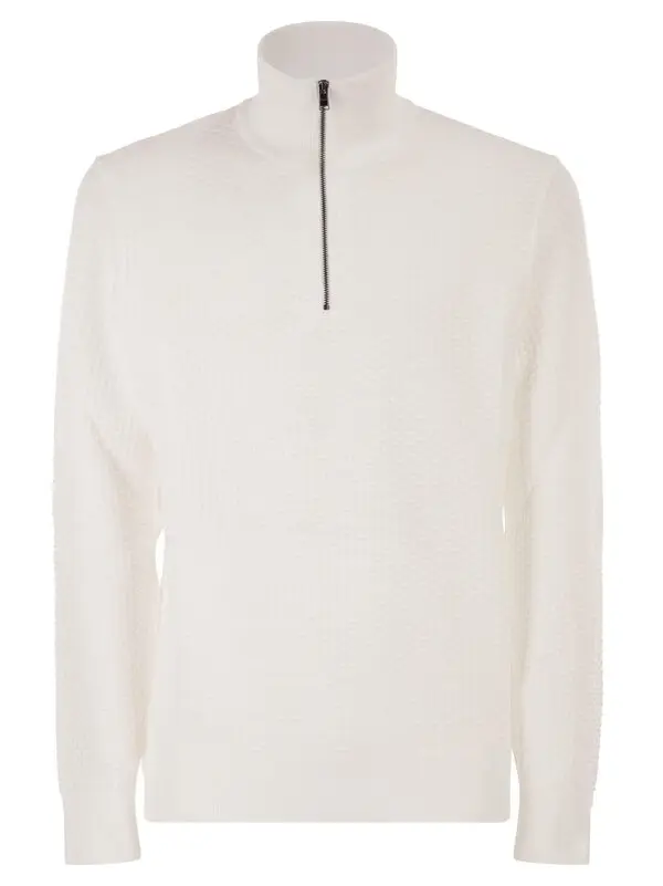 BOSS Textured Cotton Sweater With High Neck And Zip - White