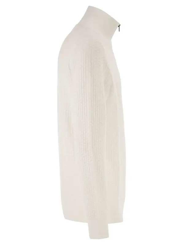 BOSS Textured Cotton Sweater With High Neck And Zip