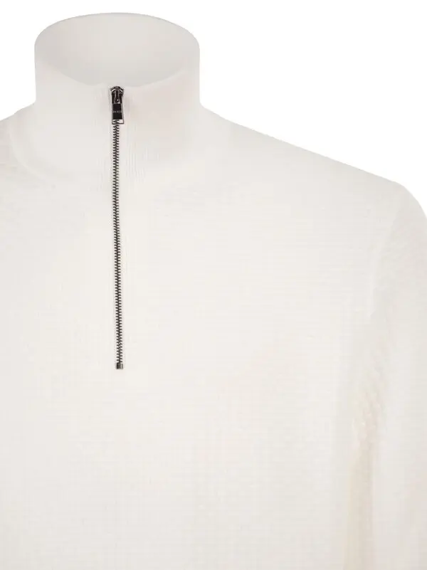 BOSS Textured Cotton Sweater With High Neck And Zip