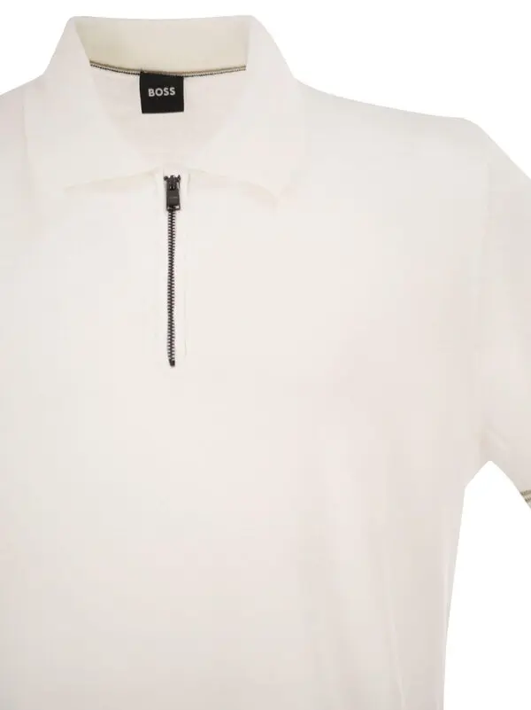 BOSS Linen And Viscose Polo Shirt With Zip And Contrast Trims - White
