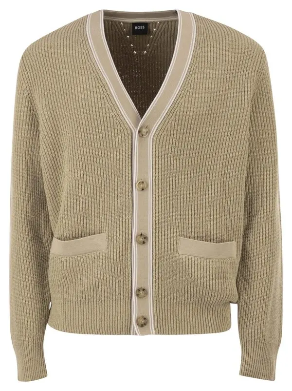 BOSS Ribbed Cotton Cardigan With Contrast Buttons - Cream
