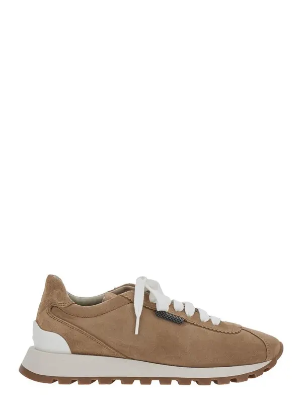Brunello Cucinelli Brown Low Top Sneakers With Monil Detail On The Side And Logo Lettering On The Tongue In Suede - Multicolor