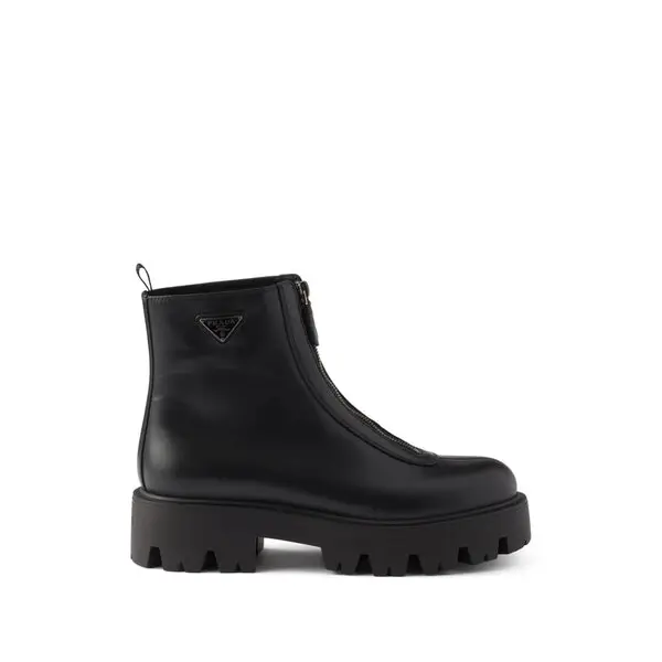 Prada Leather Lug Sole Booties - Black