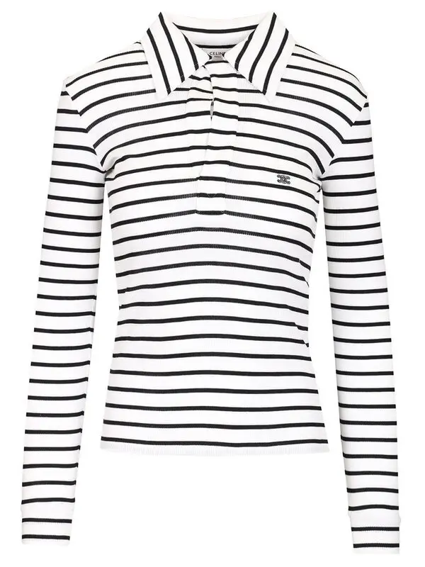 Celine Striped Silk Jersey Polo Shirt - White