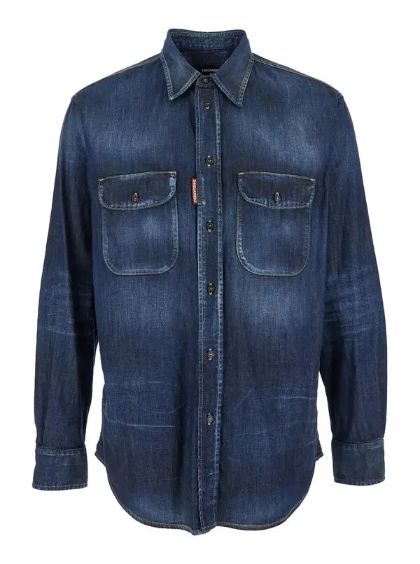 Dsquared2 Blue Shirt With Pointed Collar And Elbow Patches In Denim - Multicolor