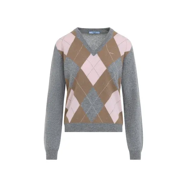 Prada Argyle V-neck Sweater - Gray