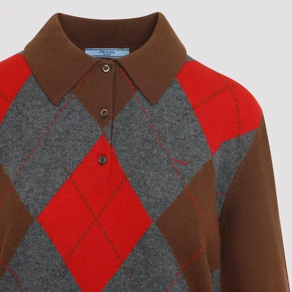 Prada Argyle Knit Polo Sweater - Brown