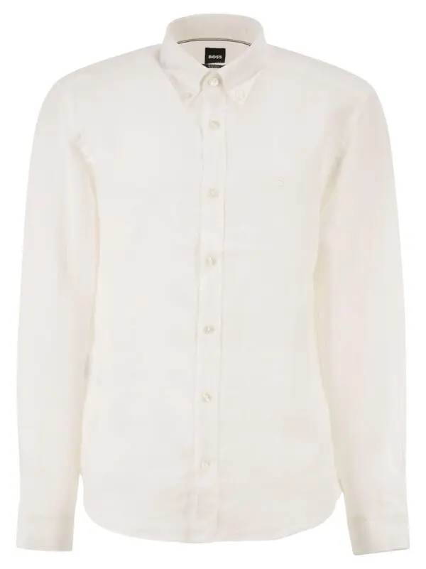 BOSS Pure Linen Regular Fit Shirt With Button-down Collar - White