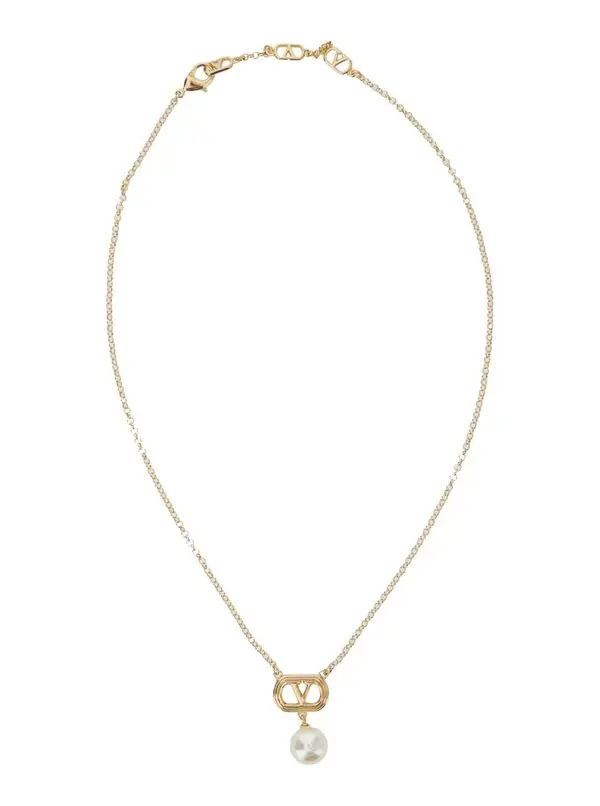 Valentino Garavani Chain Necklace With Vlogo Charm And Metallic Pearl For - Multicolor