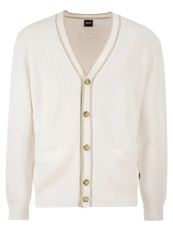 BOSS Ribbed Cotton Cardigan With Contrast Buttons - White