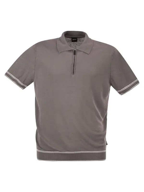 BOSS Linen And Viscose Polo Shirt With Zip And Contrast Trims - Gray