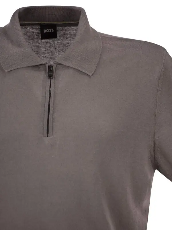 BOSS Linen And Viscose Polo Shirt With Zip And Contrast Trims - Gray