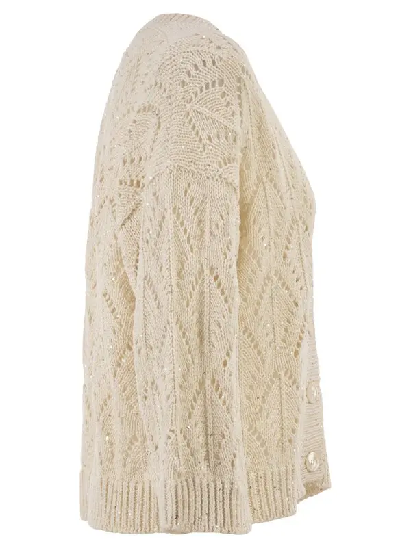 Peserico Cotton Cord Cardigan With Micro Sequins - Cream