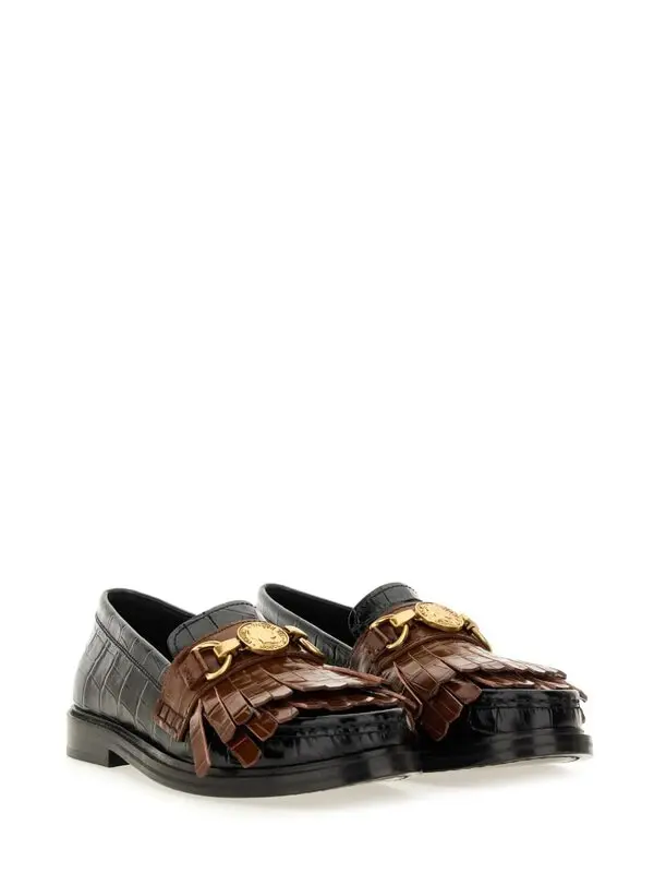 Moschino Croc Effect Leather Moccasin With Fringe And Coin