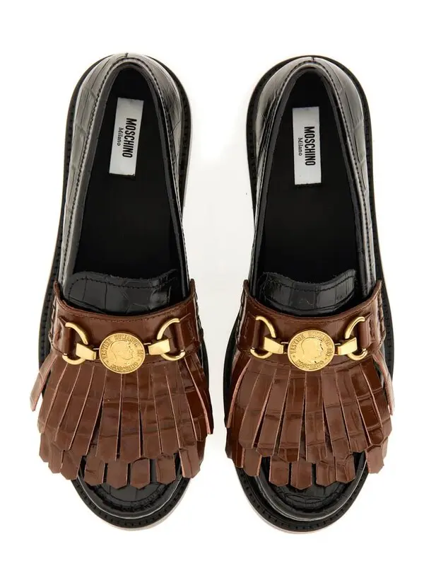 Moschino Croc Effect Leather Moccasin With Fringe And Coin