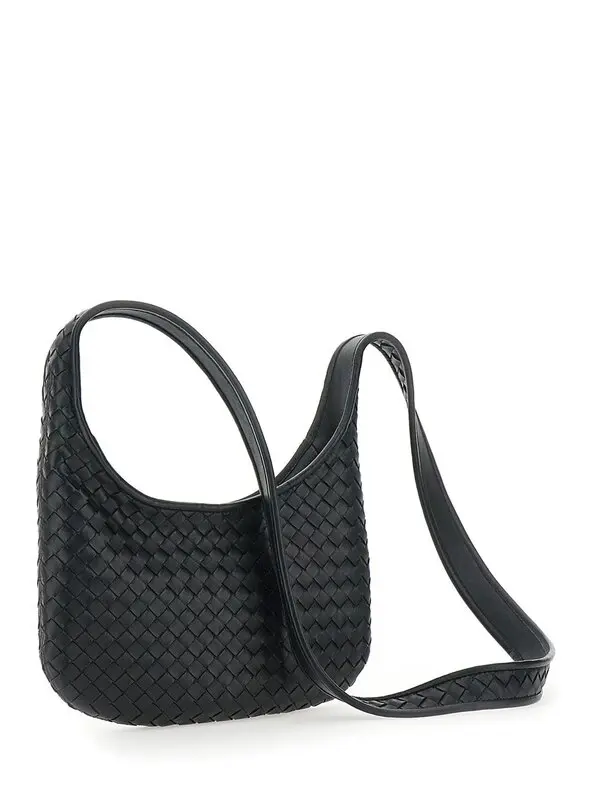 Bottega Veneta Veneto' Shoulder Bag With Fixed Shoulder Strap And All-over Intrecciato Motif In Leather - Black