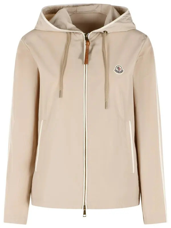 Moncler Sarracenia' Hooded Jacket In Polyester And Beige Cotton - Cream