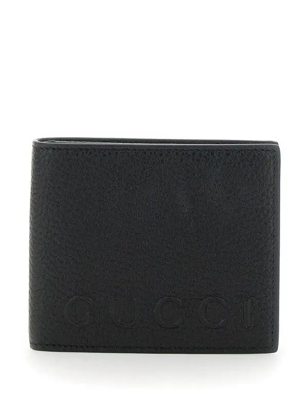 Gucci Black Bi-fold Wallet With Embossed Logo Lettering On The Front In Grained Leather - Multicolor