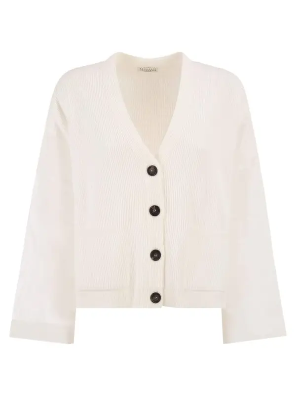 Brunello Cucinelli Ribbed Cardigan With Organza Sleeves - White