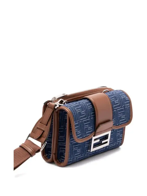 Fendi Denim-effect Ff Jacquard And Leather Double Baguette Bag
