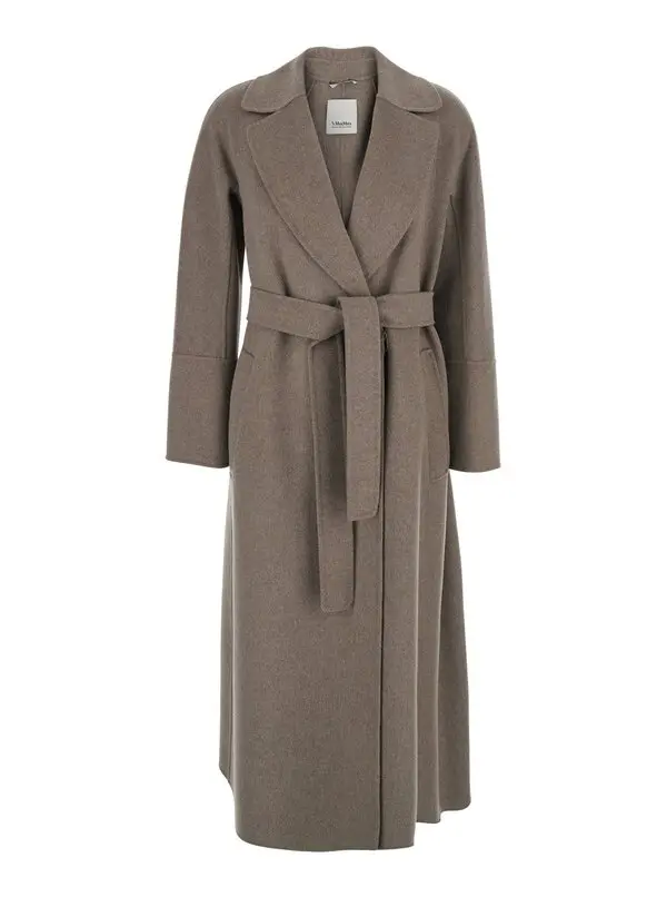 Max Mara S 'elisa' Brown Coat With Wide Notched Revers And Waist Belt In Wool For - Multicolor