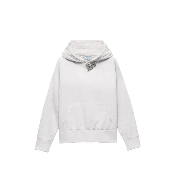 Prada Cotton Fleece Distressed Hoodie With Jewel Brooch - Gray