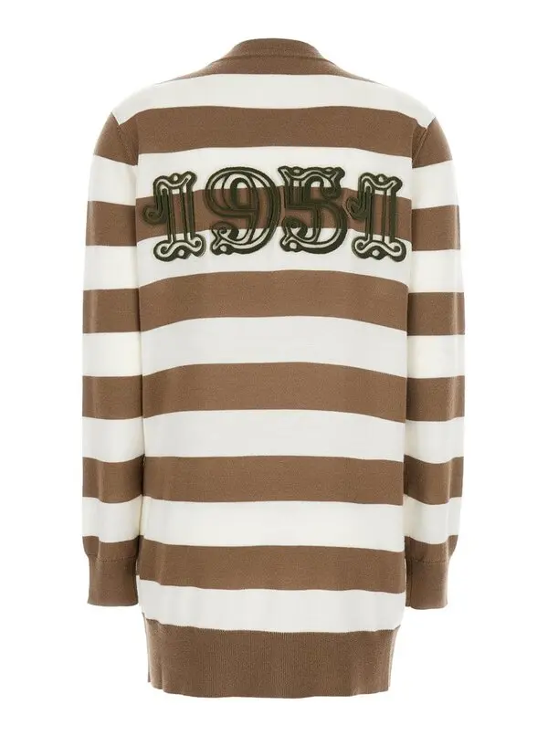 Max Mara Fiemme'beige Cardigan With Rear Embroidery And All-over Striped Motif In Wool - Multicolor