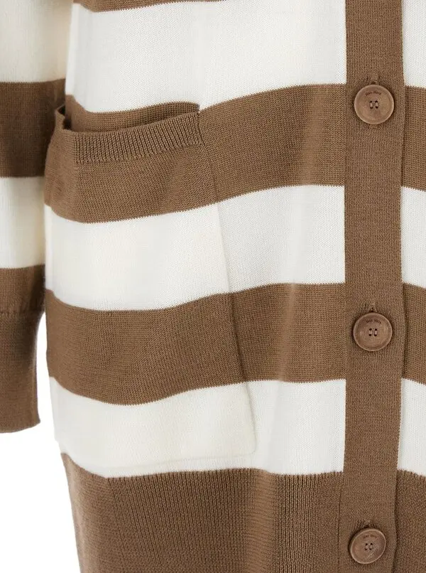 Max Mara Fiemme'beige Cardigan With Rear Embroidery And All-over Striped Motif In Wool - Multicolor