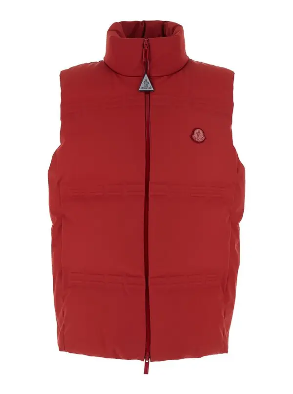 Moncler Sparky' Red Sleeveless Down Jacket With Slogan Print On The Collar And Logo Patch On The Front In Tech Fabric Stretch - Multicolor