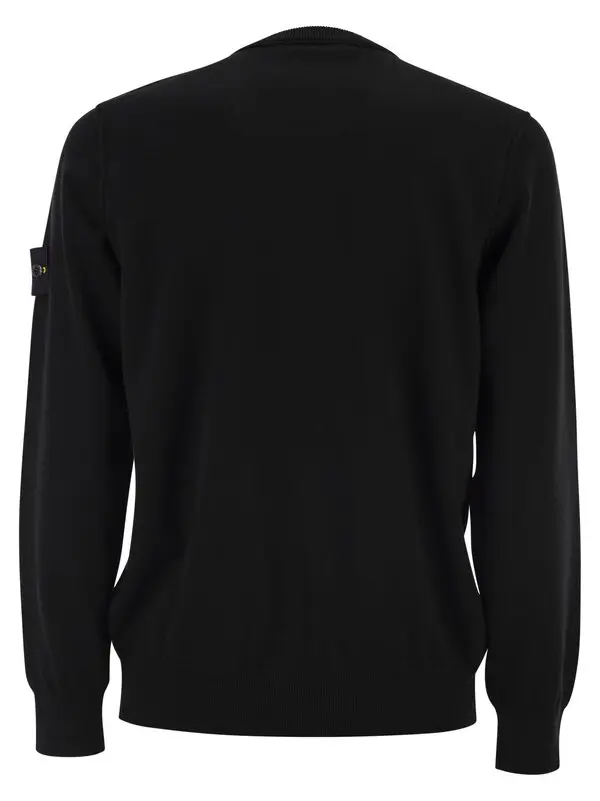 Stone Island Crew Neck Jumper With Small Lapel - Black