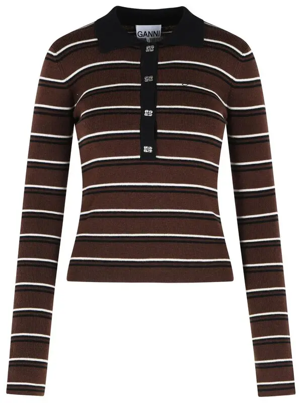 GANNI Brown Wool Polo Shirt