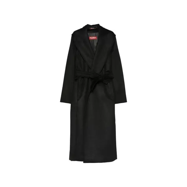 Max Mara Virgin Wool Belted Long Coat - Black