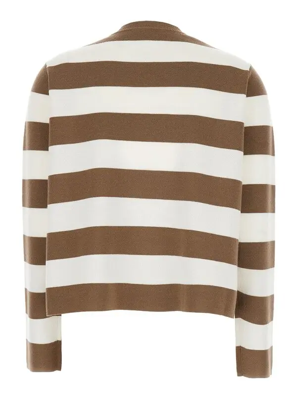 Max Mara Viterbo' Beige Crewneck Sweater With Embroidery On The Front And All-over Striped Motif In Wool - Multicolor
