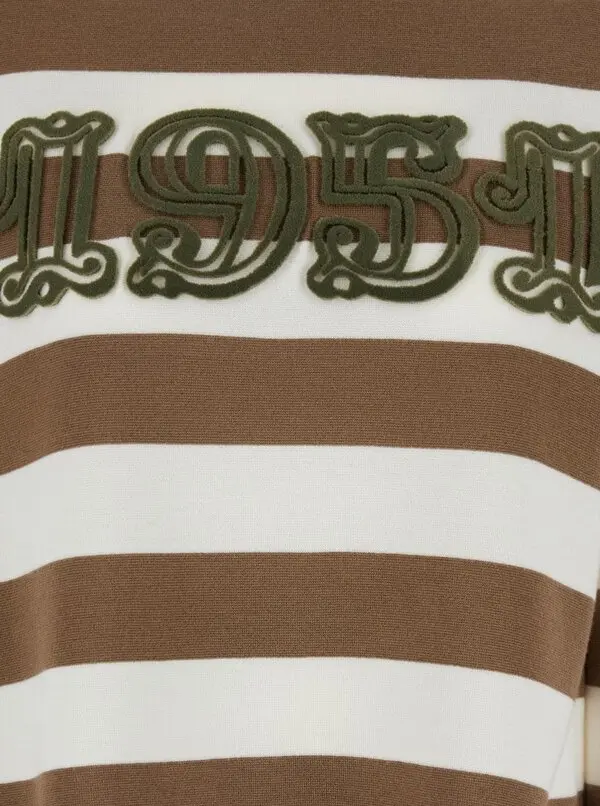 Max Mara Viterbo' Beige Crewneck Sweater With Embroidery On The Front And All-over Striped Motif In Wool - Multicolor