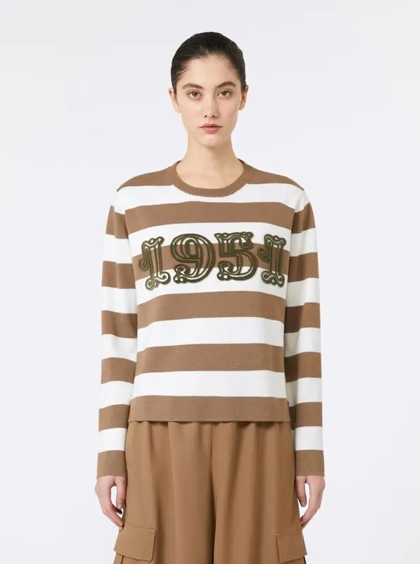 Max Mara Viterbo' Beige Crewneck Sweater With Embroidery On The Front And All-over Striped Motif In Wool - Multicolor