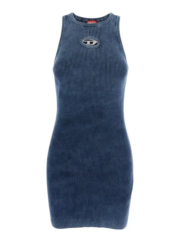 DIESEL® Blue Crew Neck And Sleeveless Dress With Cut-out With Logo On The Front In Ribbed Cotton - Multicolor