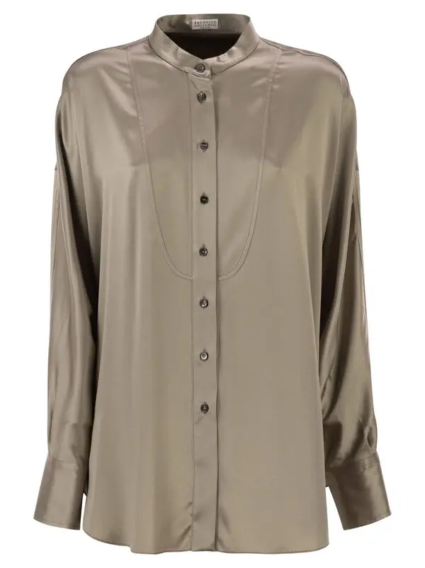 Brunello Cucinelli Stretch Silk Satin Mandarin Collar Shirt With Necklace - Green