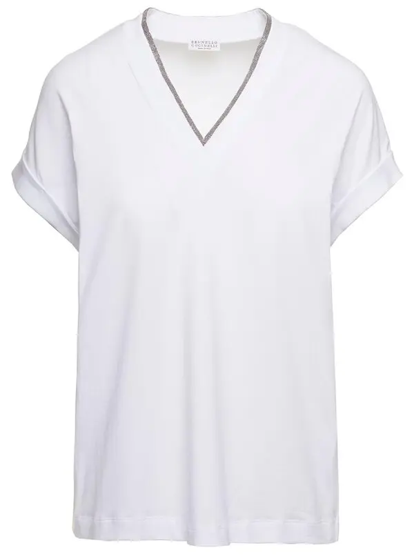 Brunello Cucinelli V-neck T-shirt With Monile Detail In Stretch Cotton - White