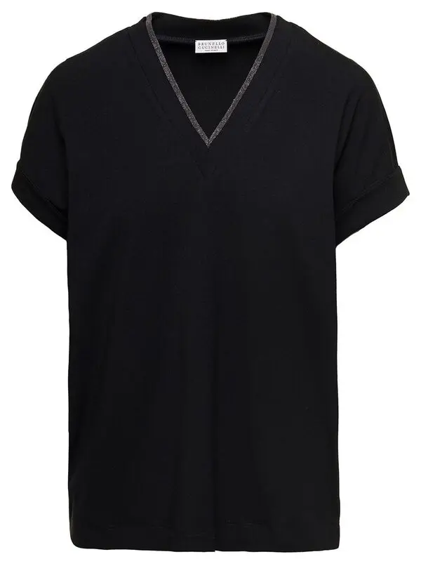 Brunello Cucinelli T-shirt With Monile Detail And V-neck In Stretch Cotton For - Black
