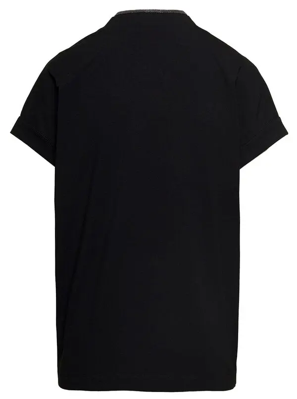Brunello Cucinelli T-shirt With Monile Detail And V-neck In Stretch Cotton For - Black