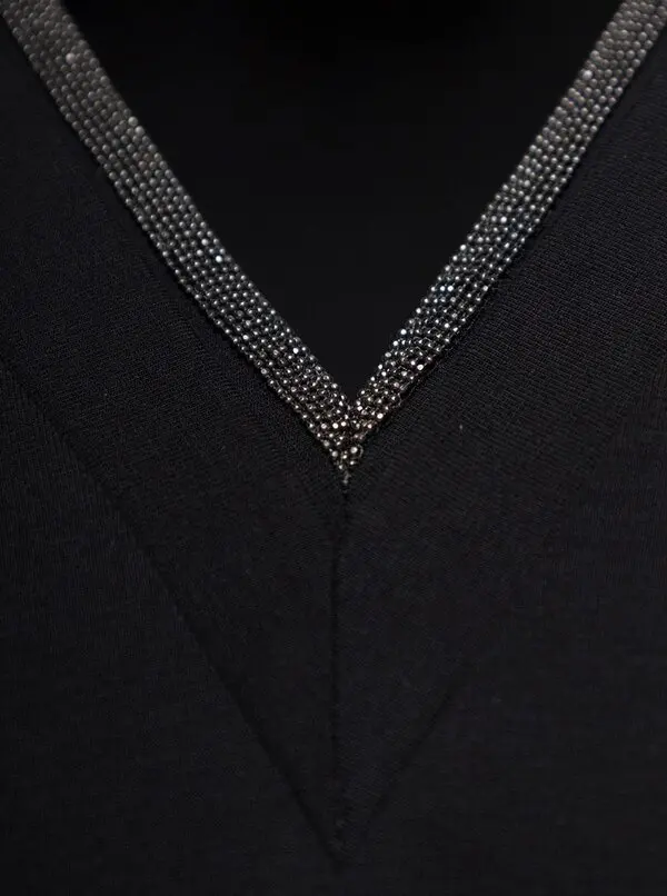 Brunello Cucinelli T-shirt With Monile Detail And V-neck In Stretch Cotton For - Black