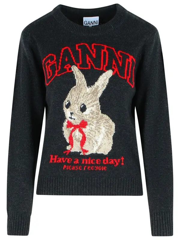GANNI Wool Blend Graphic Sweater - Gray