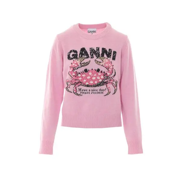 GANNI Logo Wool Sweater With Crab Print - Pink