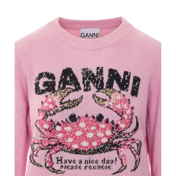 GANNI Logo Wool Sweater With Crab Print - Pink
