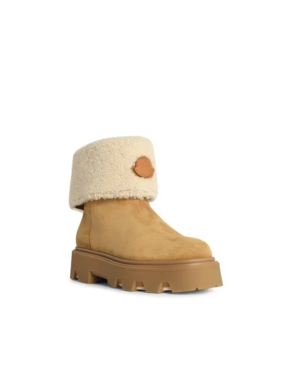 Moncler Aurea' Suede Ankle Boots And Beige Camel Shearling - Cream