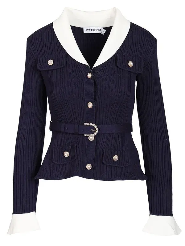 SELF-PORTRAIT Ribbed Cardigan - Blue