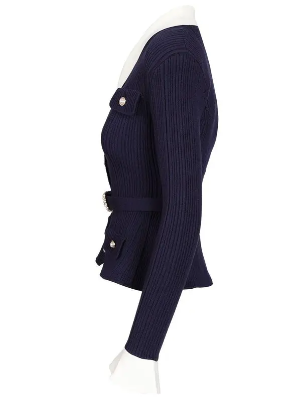 SELF-PORTRAIT Ribbed Cardigan - Blue